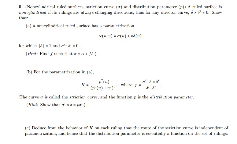 Solved (Noncylindrical ruled surfaces, striction curve (σ) | Chegg.com
