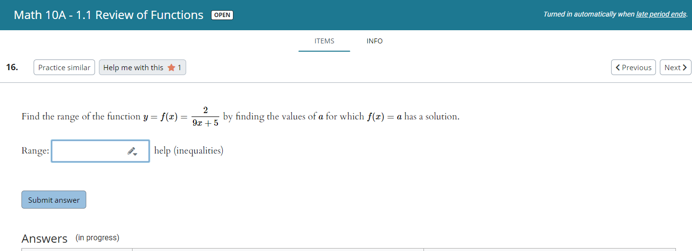 Solved Math 10A - 1.1 Review of Functions OPEN Turned in | Chegg.com