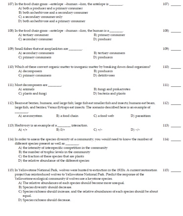 Solved 107) In the food dhain grass ante lope human -lion | Chegg.com