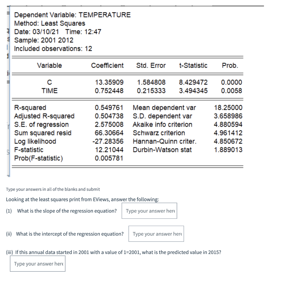Solved Dependent Variable: TEMPERATURE Method: Least Squares | Chegg.com