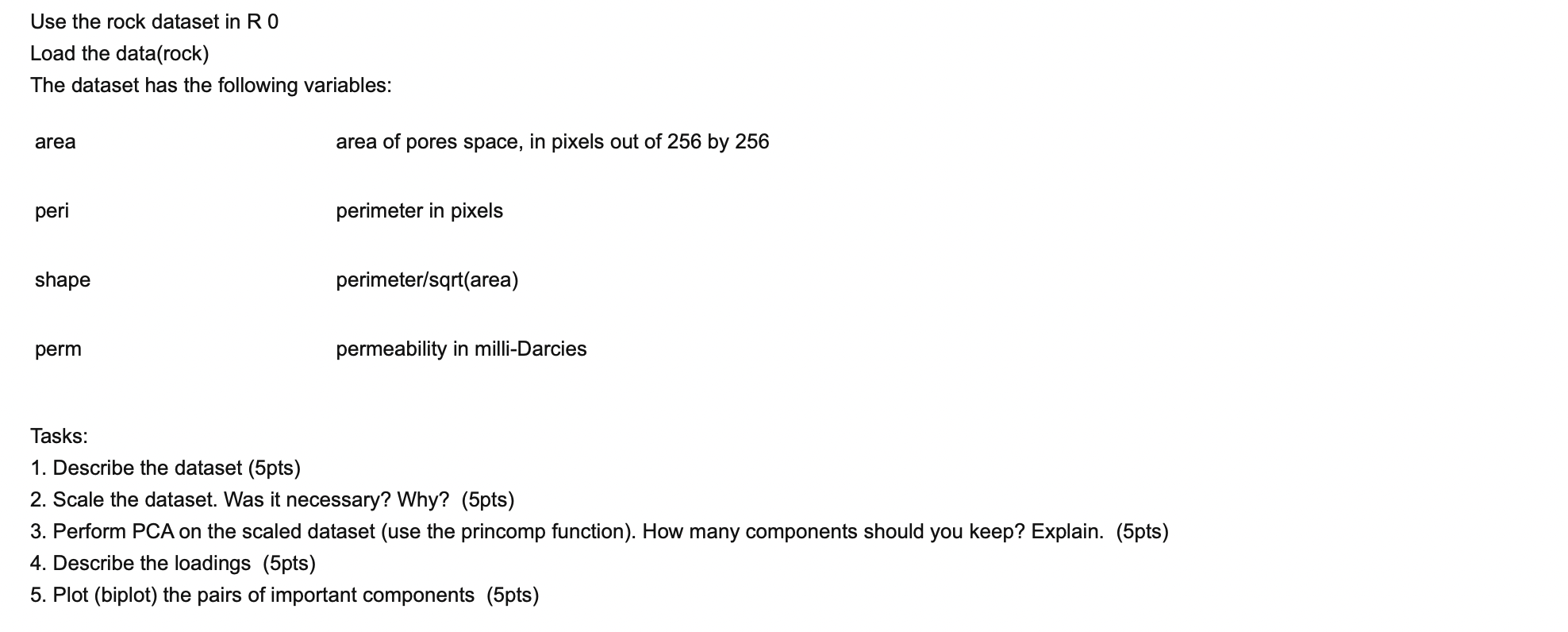 Use the rock dataset in R0 Load the data(rock) The | Chegg.com