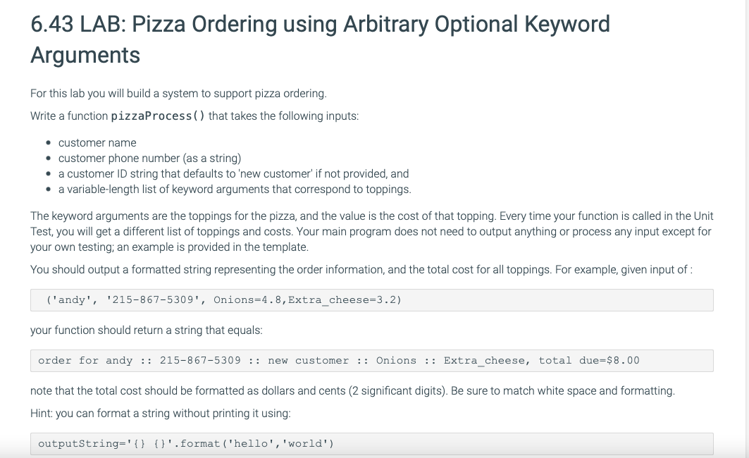 Solved 6.43 LAB: Pizza Ordering using Arbitrary Optional | Chegg.com