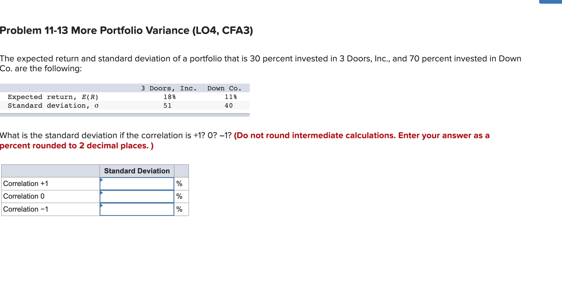 Solved Problem 11-13 More Portfolio Variance (LO4, CFA3) The | Chegg.com