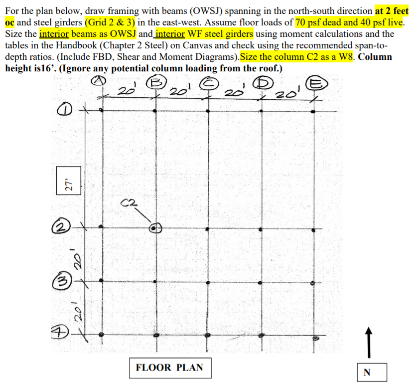 Solved For the plan below, draw framing with beams (OWSJ) | Chegg.com