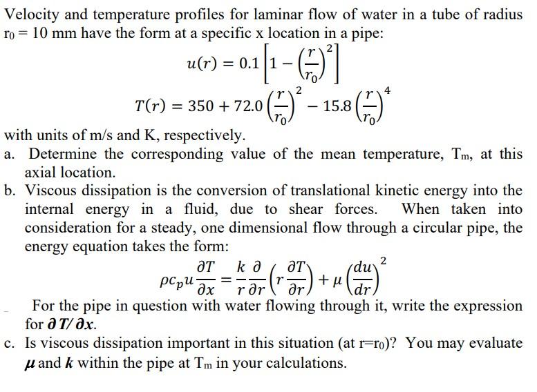 Solved Velocity and temperature profiles for laminar flow of | Chegg.com