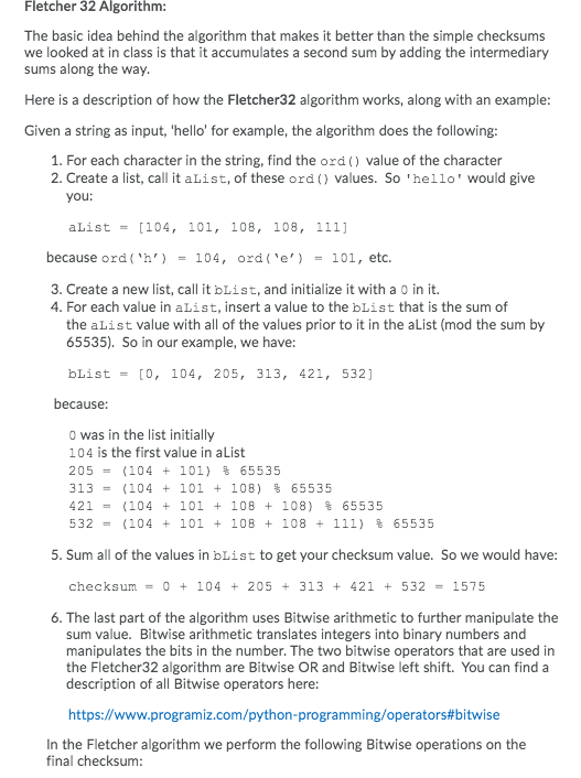 Fletcher 32 Algorithm: The basic idea behind the | Chegg.com