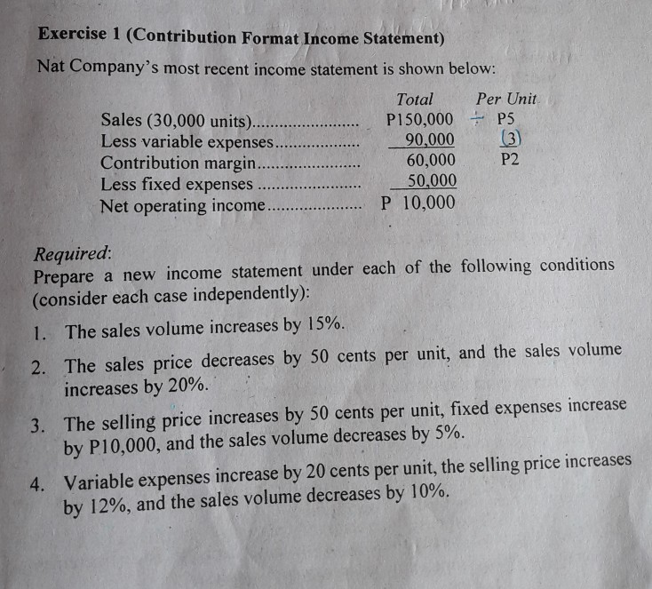 Solved Exercise 1 (Contribution Format Income Statement) Nat | Chegg.com