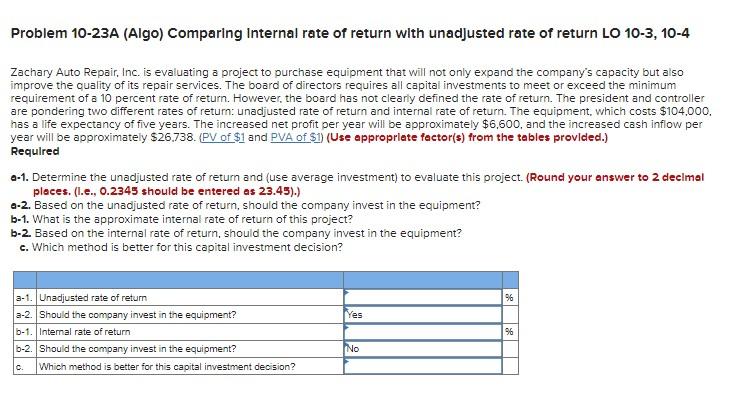 Solved Problem 10-23A (Algo) Comparing Internal rate of | Chegg.com