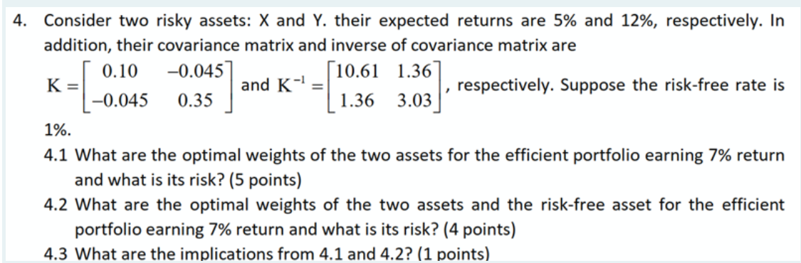 Consider two risky assets: X and Y. their expected | Chegg.com