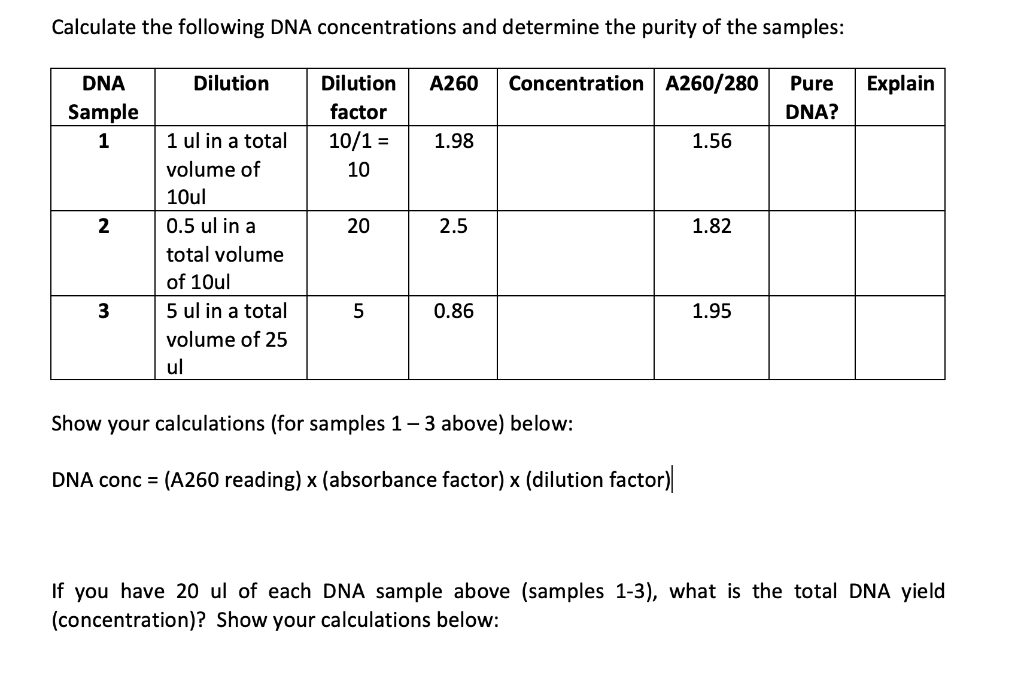 Solved Calculate the following DNA concentrations and | Chegg.com