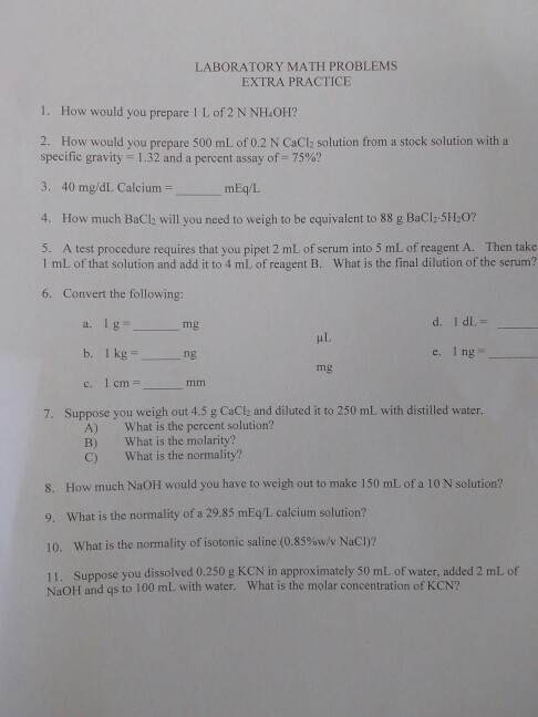 Solved LABORATORY MATH PROBLEMS EXTRA PRACTICE 1. How would | Chegg.com