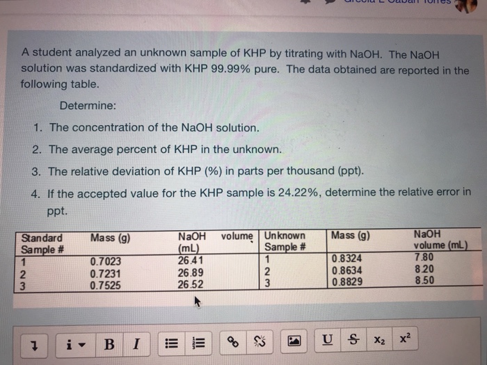 Solved A student analyzed an unknown sample of KHP by | Chegg.com