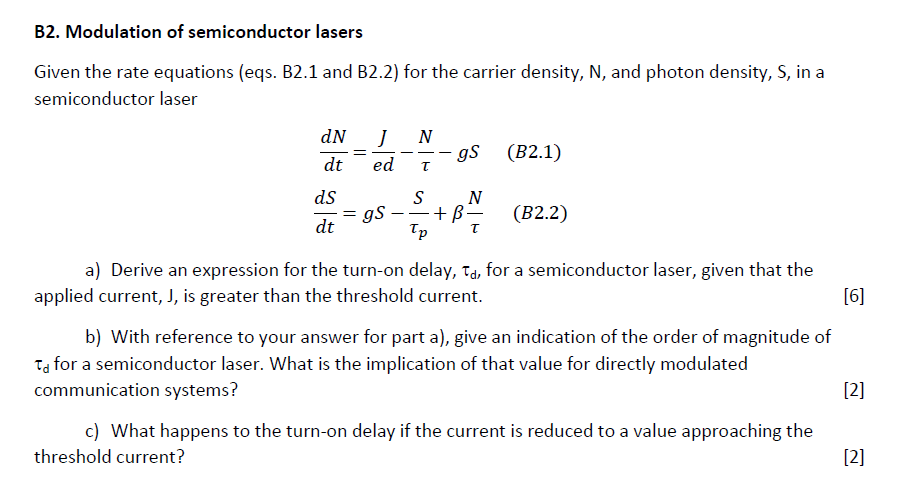 B2. Modulation of semiconductor lasers Given the rate | Chegg.com