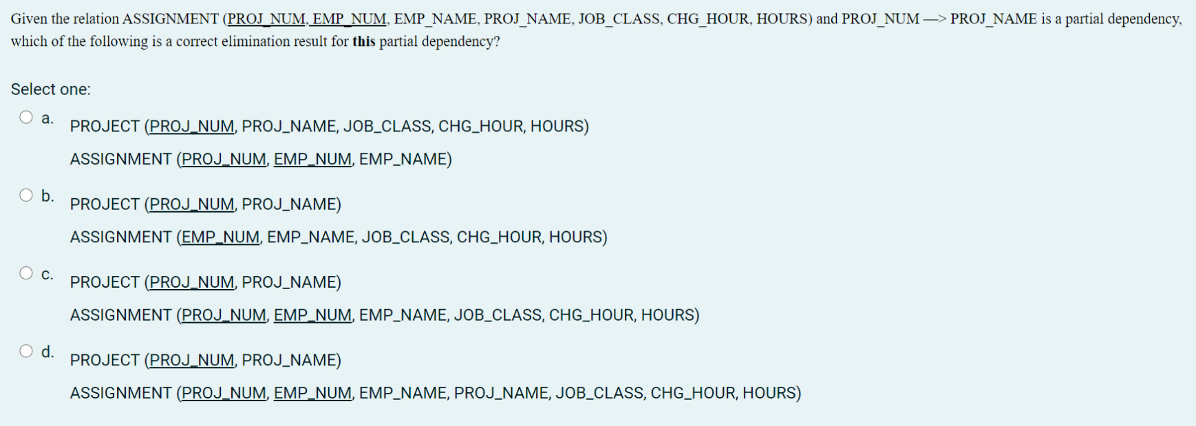 Solved Given the relation ASSIGNMENT (PROJ_NUM, EMP_NUM, | Chegg.com