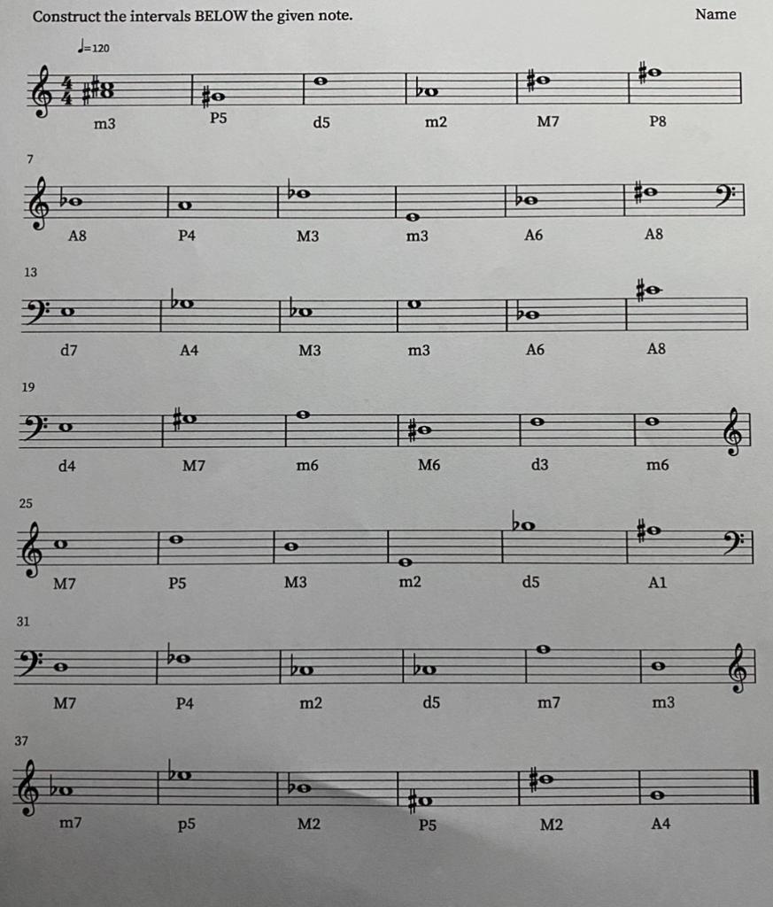 Name Construct the intervals BELOW the given note. | Chegg.com