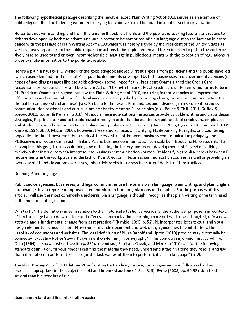 Solved After reading “Introducing Plain Language Principles | Chegg.com