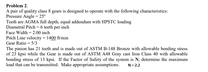 Solved Problem 2. A pair of quality class 8 gears is | Chegg.com