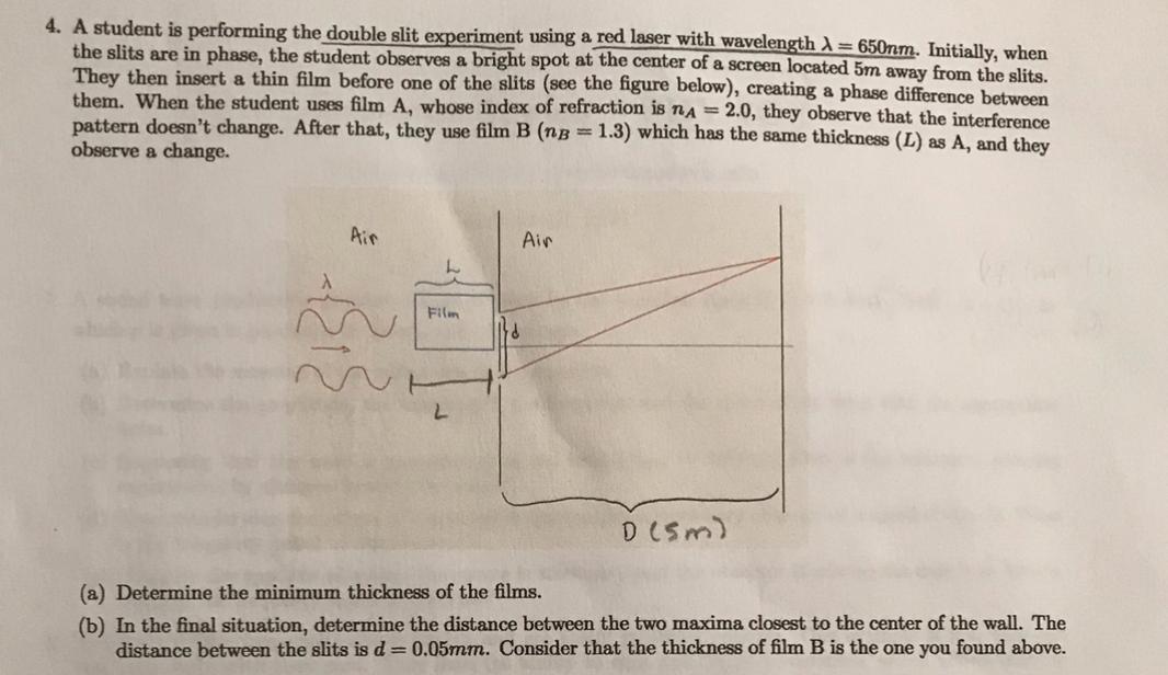 Solved 4. A student is performing the double slit experiment | Chegg.com