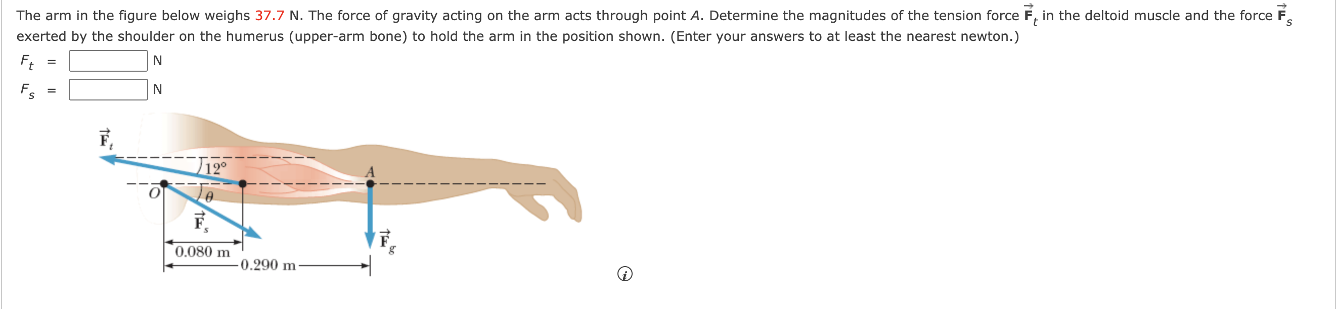 Solved The arm in the figure below weighs 37.7 N. The force | Chegg.com