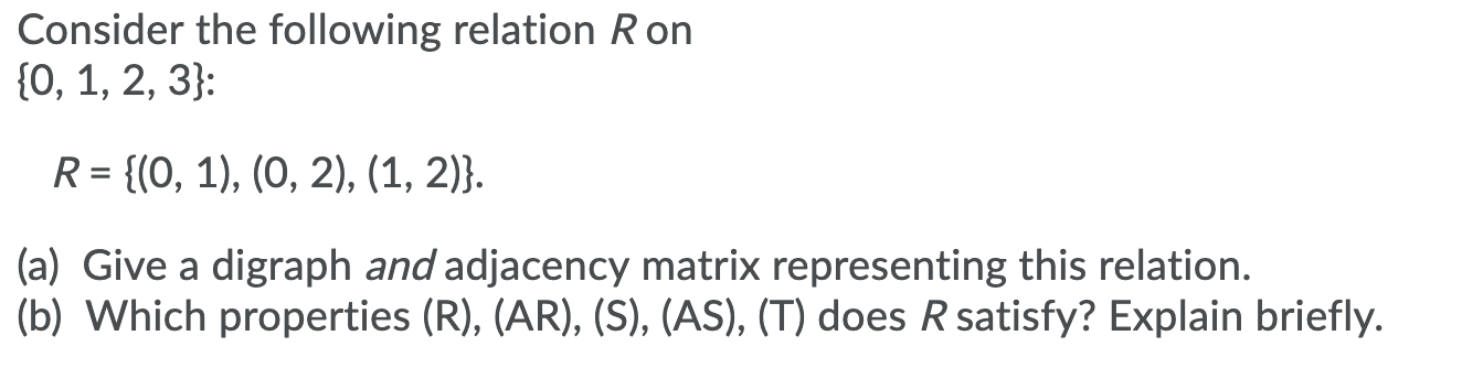 Solved Consider the following relation Ron {0, 1, 2, 3}: R = | Chegg.com