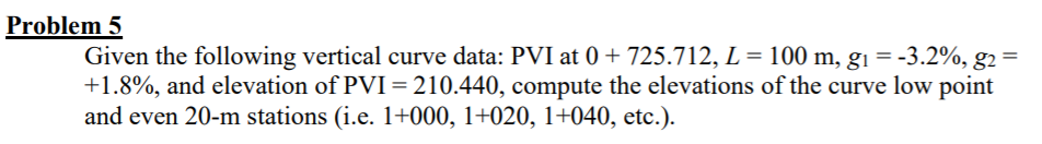 Solved = Problem 5 Given the following vertical curve data: | Chegg.com