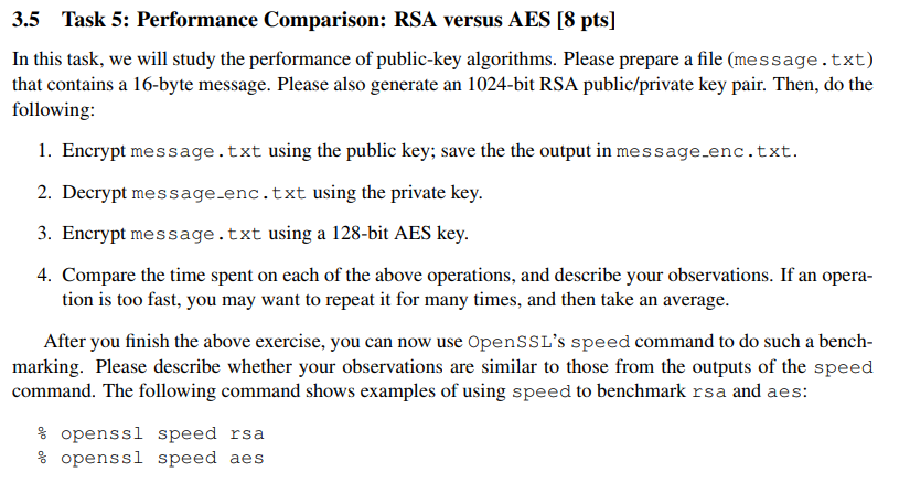 3.5 Task 5: Performance Comparison: RSA versus AES [8 | Chegg.com