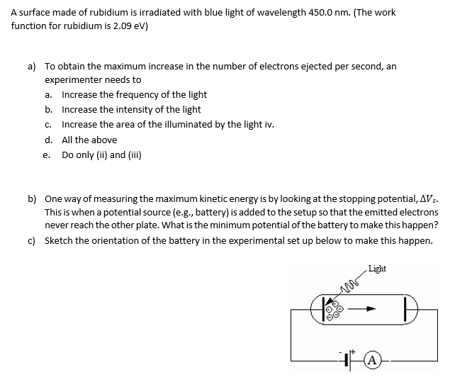 Solved A surface made of rubidium is irradiated with blue | Chegg.com