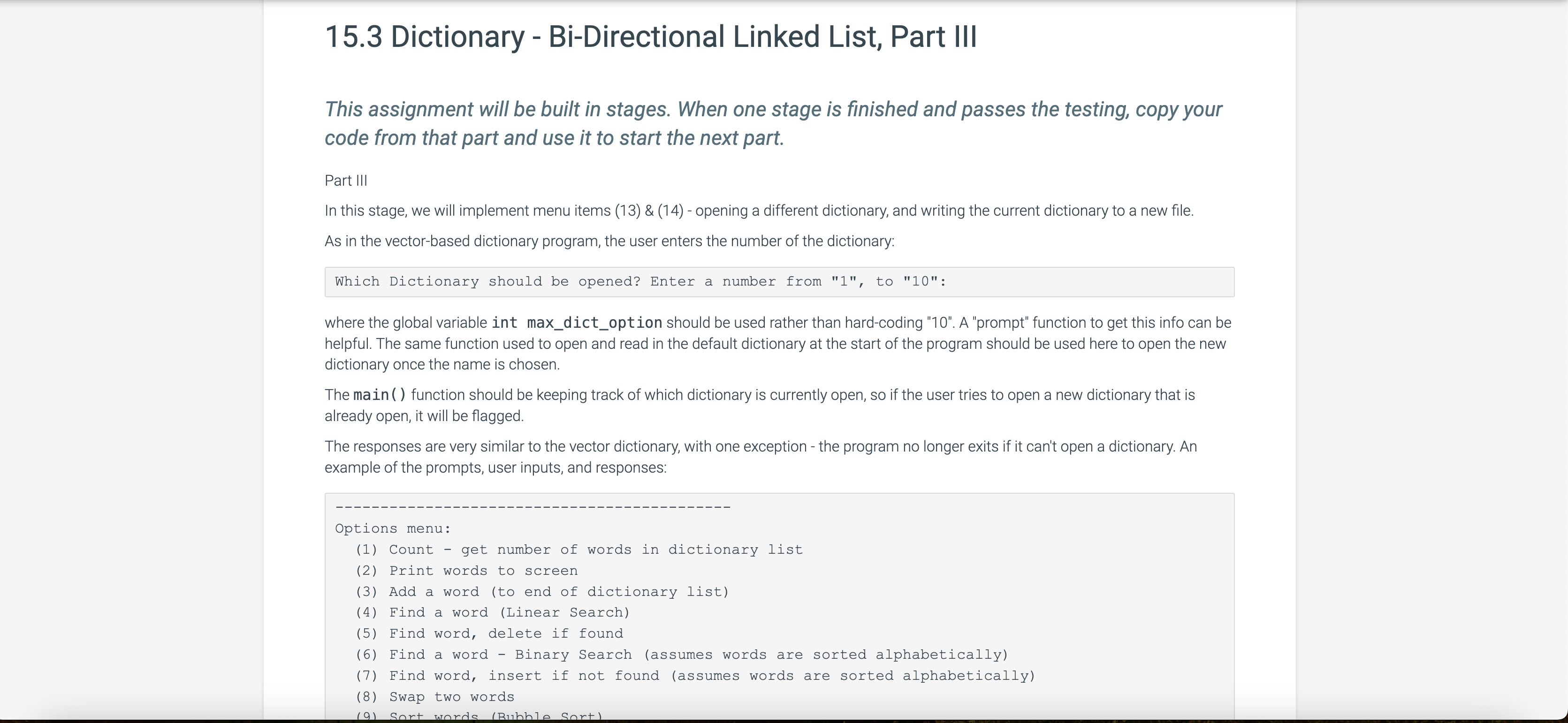 Solved 15.3 Dictionary - Bi-Directional Linked List, Part | Chegg.com