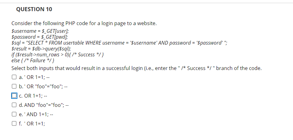 Solved QUESTION 10 Consider the following PHP code for a | Chegg.com