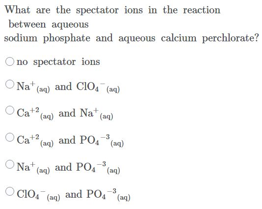 Solved What are the spectator ions in the reaction between | Chegg.com