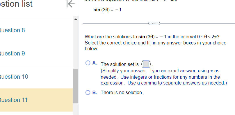 Solved sin(3θ)=−1 Question 8 What are the solutions to | Chegg.com