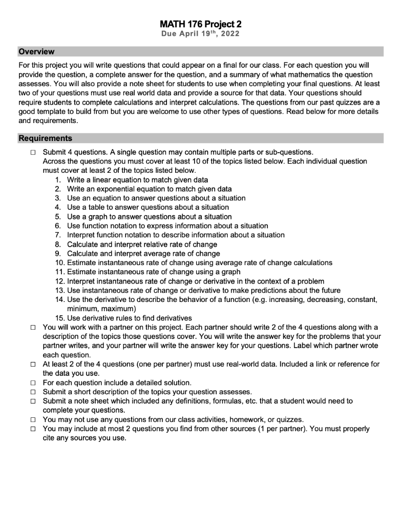 MATH 176 Project 2 Due April 19th, 2022 Overview For | Chegg.com