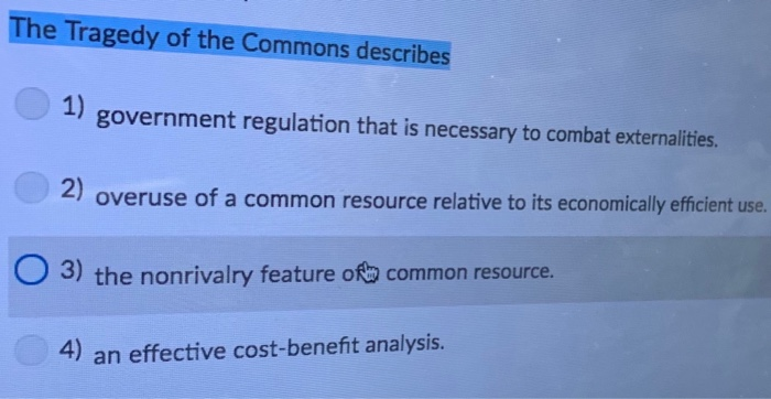 Solved The Tragedy of the Commons describes 1) government | Chegg.com