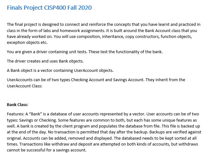Solved Finals Project CISP400 Fall 2020 The final project is | Chegg.com