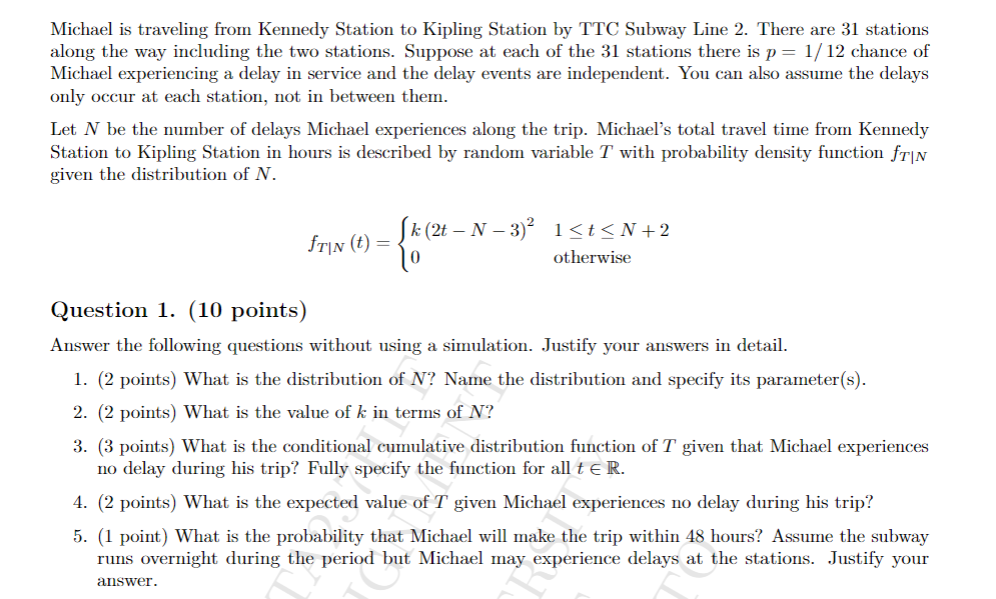 Solved Michael is traveling from Kennedy Station to Kipling | Chegg.com
