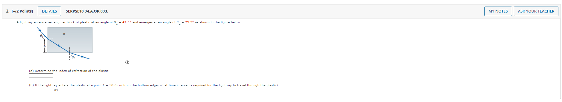 Solved A light ray enters a rectangular block of plastic at | Chegg.com