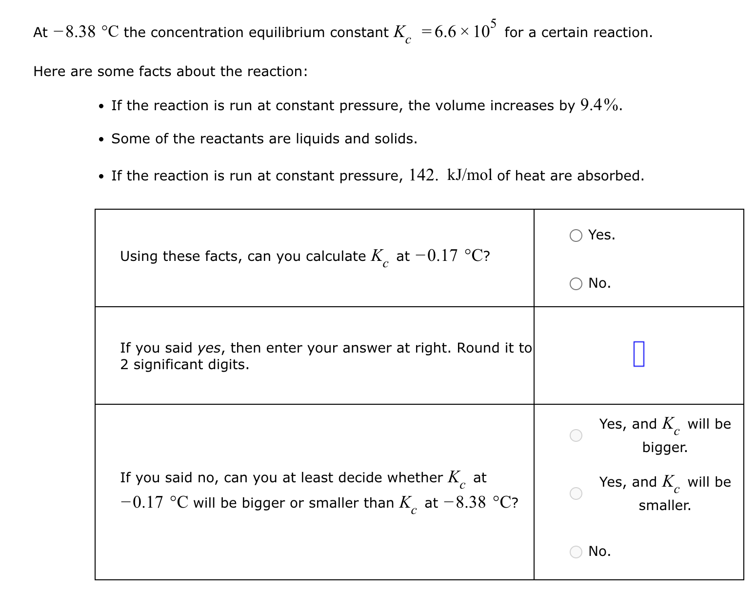 Solved At -8.38°C ﻿the concentration equilibrium constant | Chegg.com
