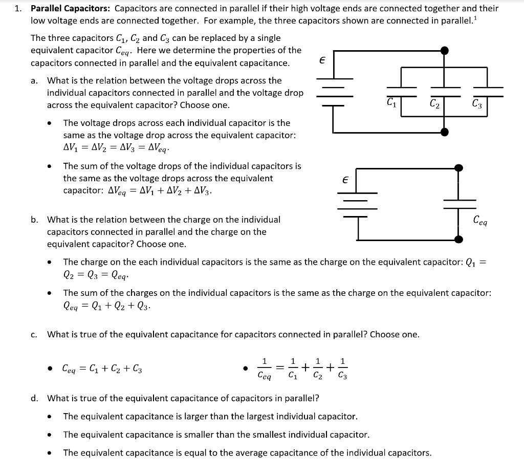 Solved a. 1. Parallel Capacitors: Capacitors are connected | Chegg.com