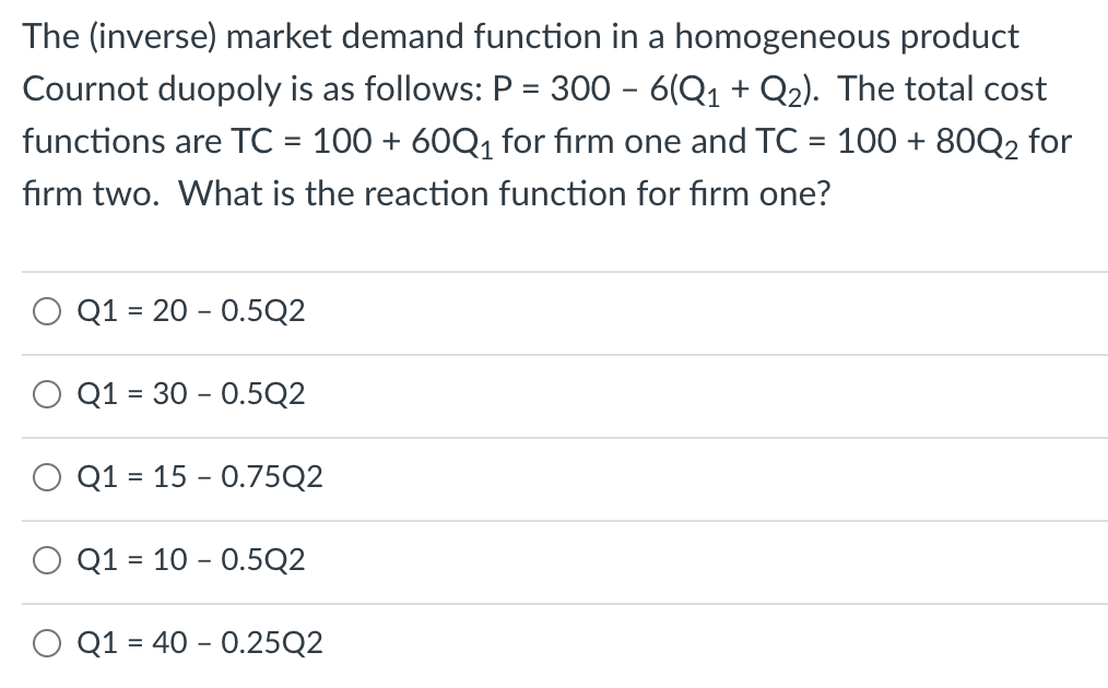 Solved The (inverse) market demand function in a homogeneous | Chegg.com