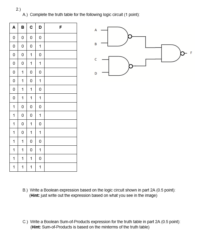 Solved 2.) A.) Complete the truth table for the following | Chegg.com