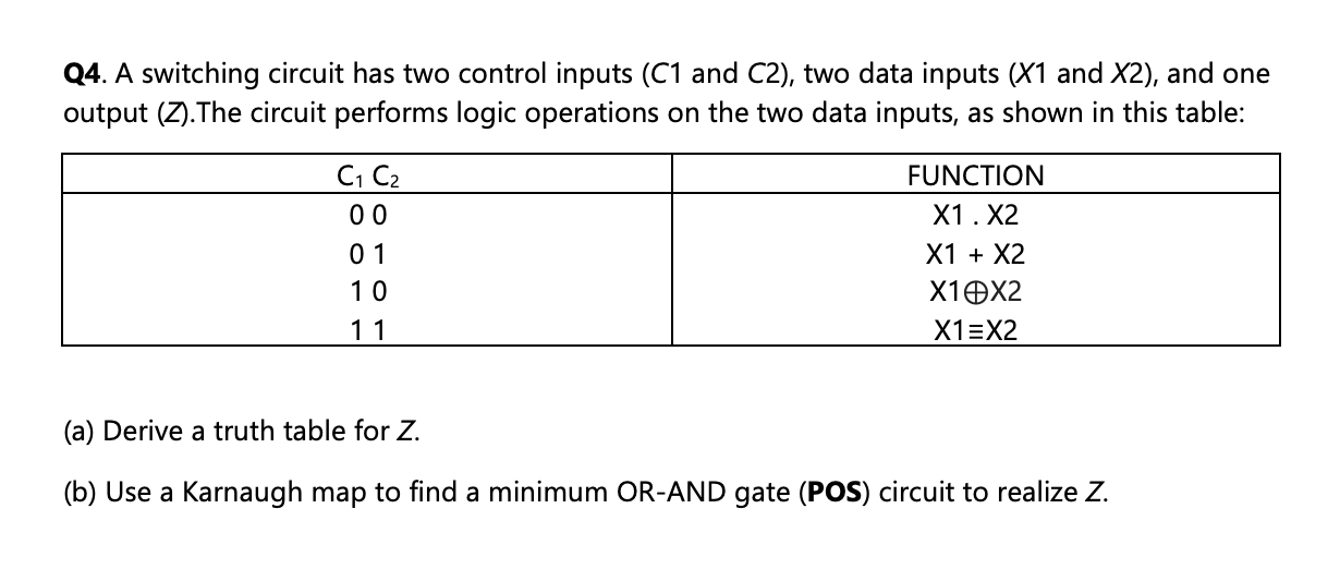 Solved Q4. A switching circuit has two control inputs (C1 | Chegg.com