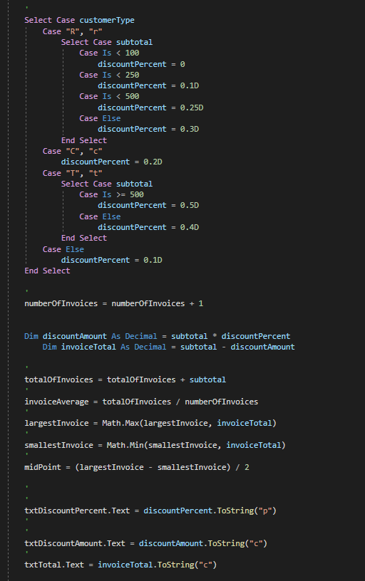 Solved Select Case customerType Case "R", "r" Select Case | Chegg.com