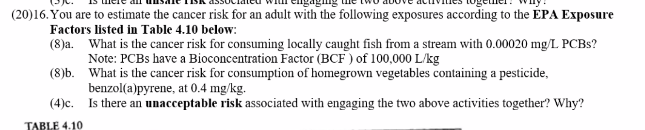 Solved TABLE 4.10 Example EPA Exposure Factors Recommended | Chegg.com