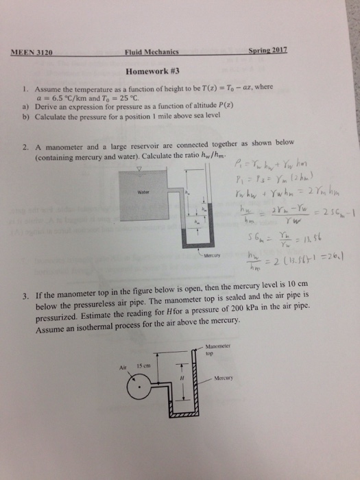 Solved Spring 2017 Fluid Mechanics MEEN 120 Homework #3 1. | Chegg.com