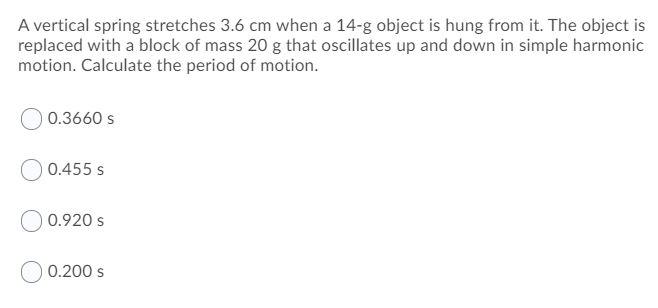 Solved A vertical spring stretches 3.6 cm when a 14-g object | Chegg.com