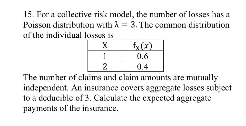 Solved 15. For a collective risk model, the number of losses | Chegg.com