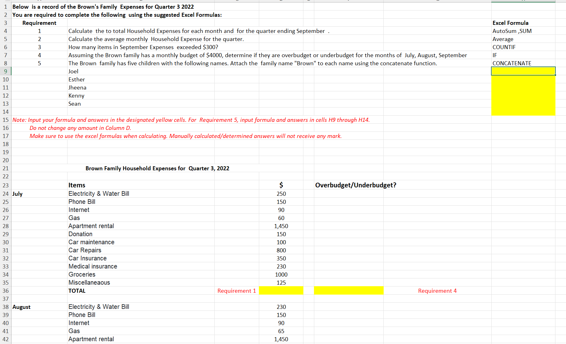 Solved Using Excel formula, calculate the total household | Chegg.com