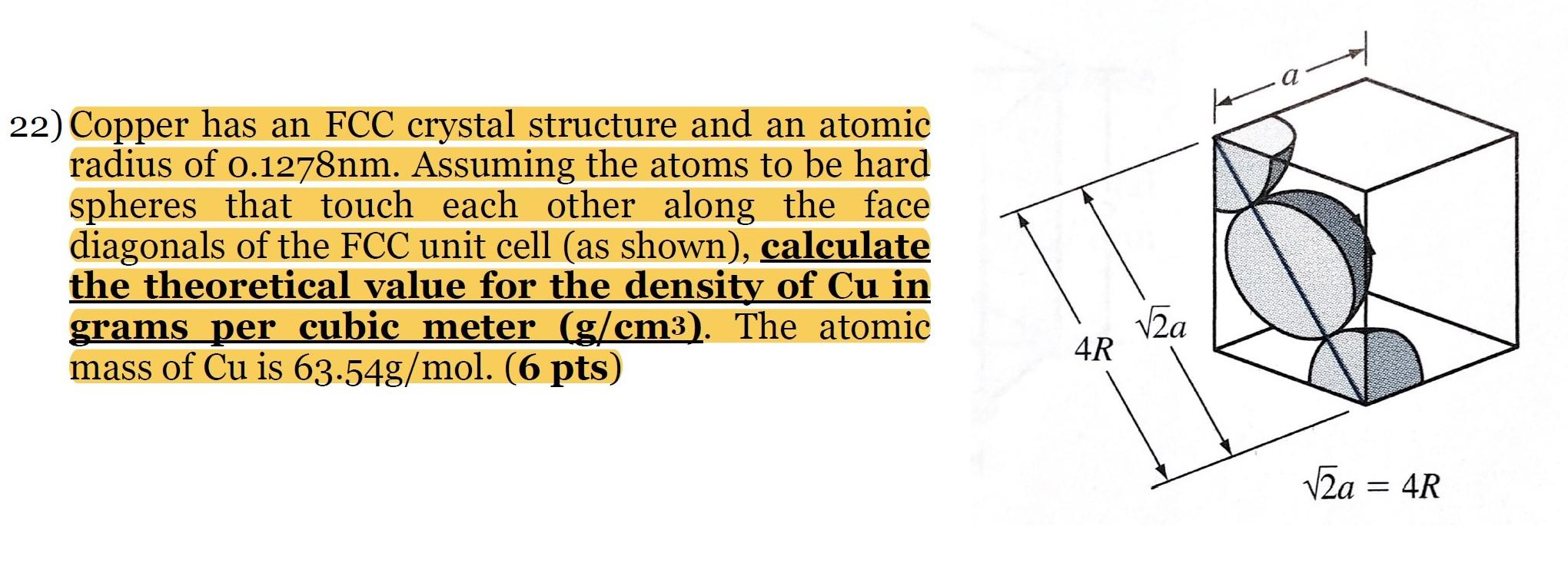 Solved 22) Copper has an FCC crystal structure and an atomic | Chegg.com