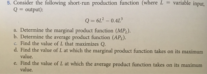 Solved 5. Consider the following short-run production | Chegg.com