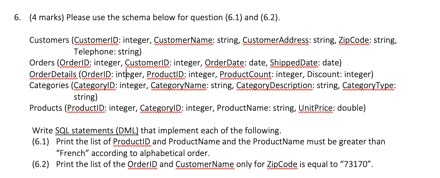 Solved 6. (4 marks) Please use the schema below for question | Chegg.com